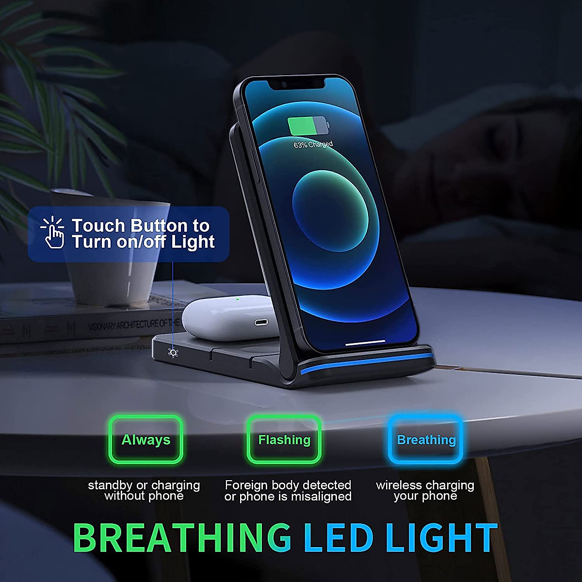 Wireless Charger 3 in 1 Wireless Charging Station Qi Fast Charger Stand for iPhone 13/12/11/Pro/Max/XR/XS/XS Max/X /8/8 Plus, Apple Watch, Airpods 2/Pro, Samsung Galaxy Phone with 18W Adapter, Black