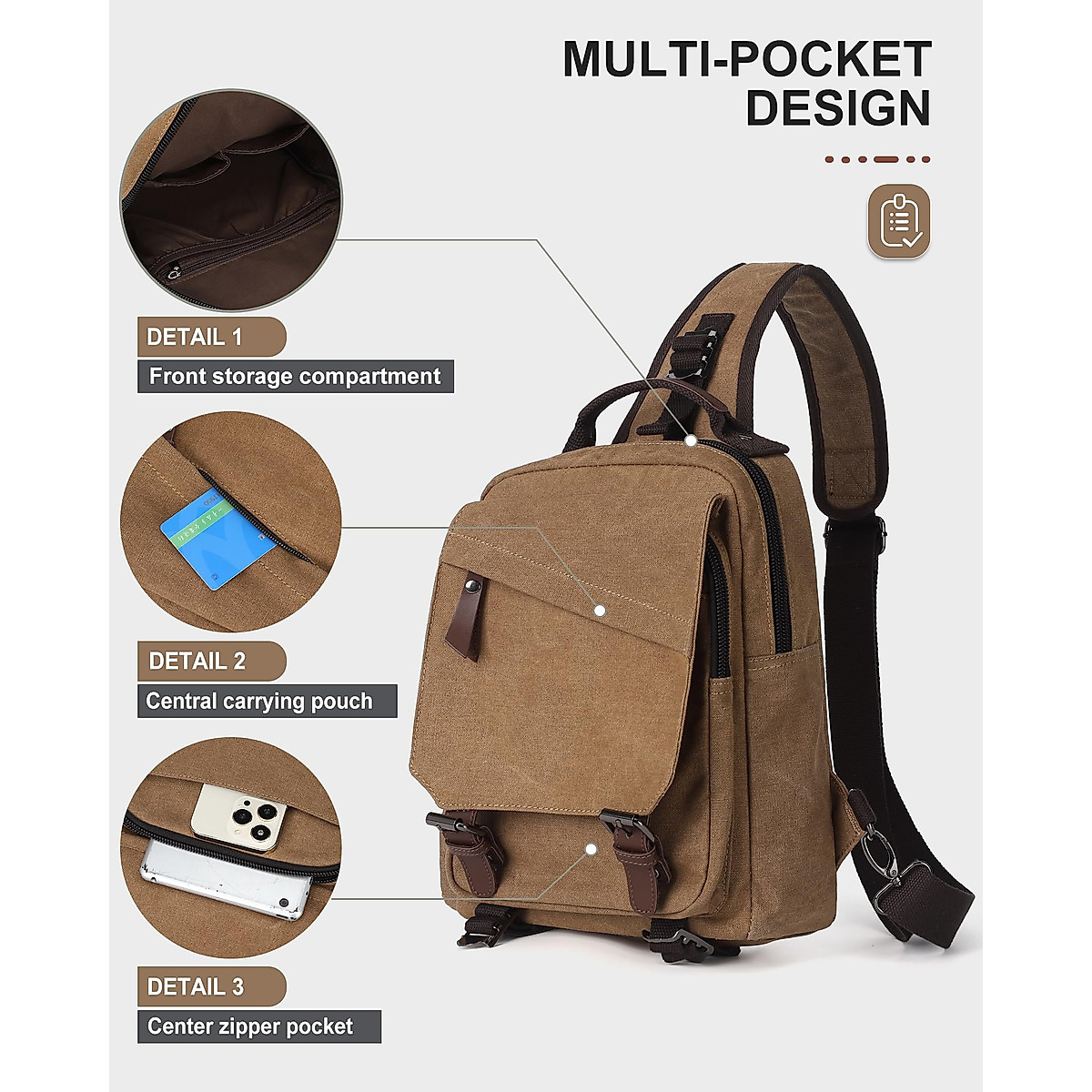 Messenger Bag for Men Small Sling Crossbody Backpack for Men Women Canvas Strap Backpack for Working Hiking Cycling Travel, Khaki