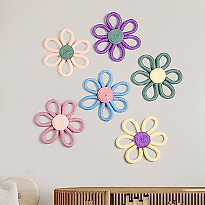 6 Pcs Boho Nursery Decor for Girl 6 inch Woven Daisy Flower Decor Macrame Wall Hanging Bohemian Wall Decor Daisy Nursery Decor for Baby Girls Kids Nursery Home Bedroom Room Dorm Decor
