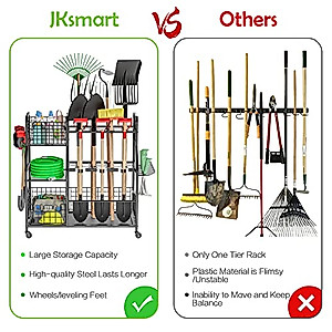 JKsmart Garden Tool Organizer for Garage, Large Utility Yard Tool Organizers and Storage Holder with Wheels, 3 Tier Garden Tool Rack with Extra Storage Basket for Garden/Garage/Shed/Basement