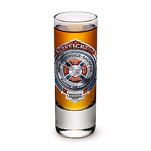 FireFighter Fire Deptment -Honor Service Sacrifice Chrome BadgeShot Glass Shooter Heavy Base Tall 2 Ounce - Set of 2 - Mini Small Glass - For Liquor - Whiskey, Tequila, Vodka, Spirtis, Beverages