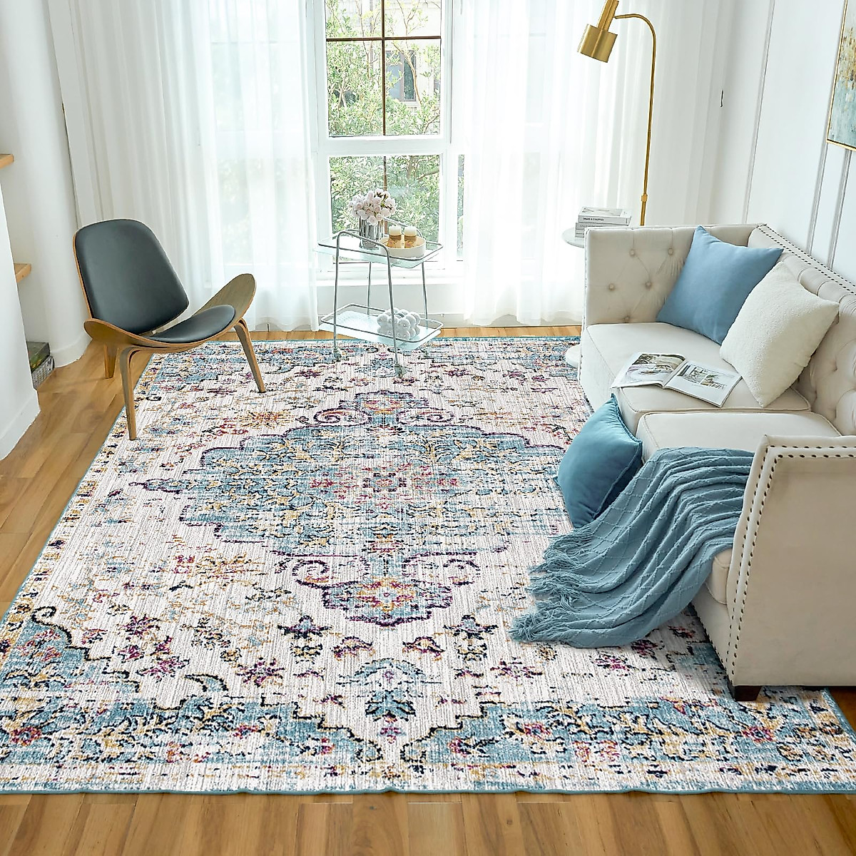 VK VK·LIVING Machine Washable Rug 4'x6' Vintage Design Washable Area Rugs with Non Slip Rugs for Living Room Bedroom Traditional Woven Rug Carpet Stain Resistant Dining Home Office Boho Rug,Cyan&White