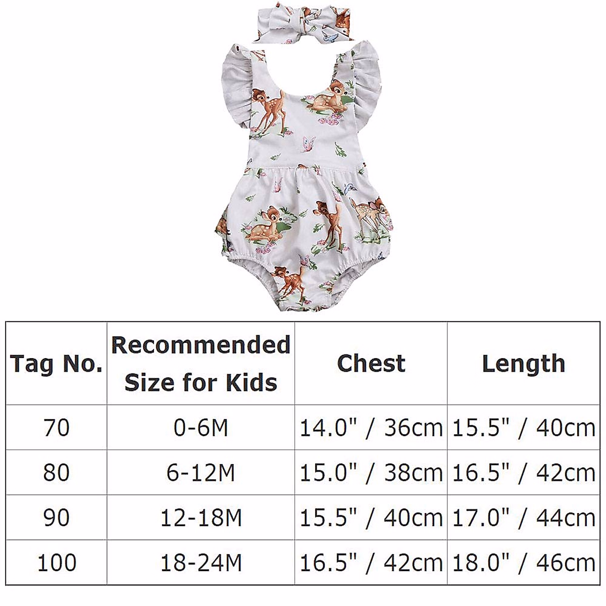 Newborn Toddler Infant Baby Girls Clothes Christmas Bambi Deer Romper+Headband Ruffle Flutter Sleeve Bodysuit Backless Sunsuit Birthday Playsuit 2pcs Outfit Set White 0-6 Months