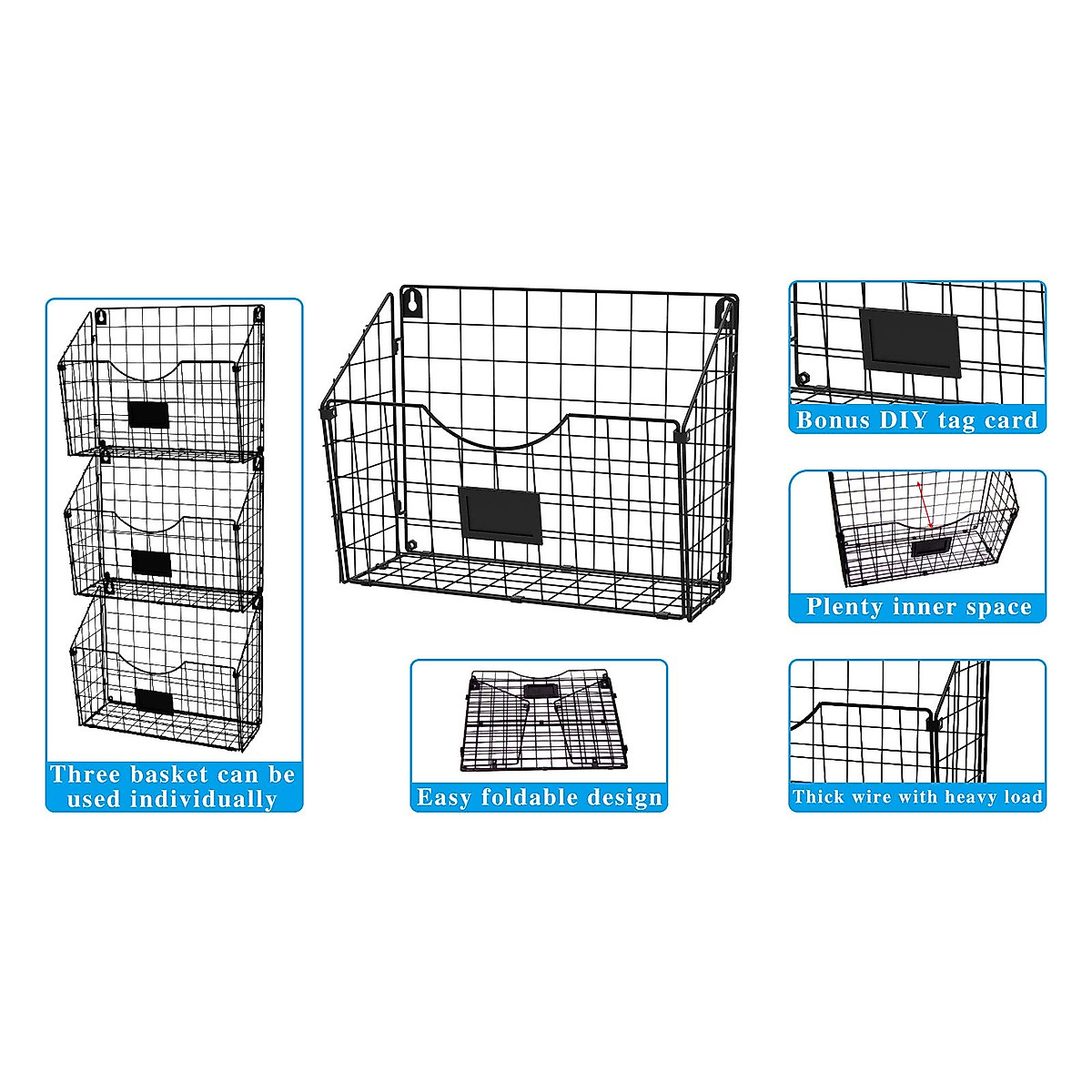 Hanging Metal Wire Storage Basket - X-cosrack 3 Tier Office Wall File Organizer With Hook & Foldable Magazine Mail Document Rack & Bathroom Kitchen Vegetable Fruit Spice Baskets Organizing and Storage