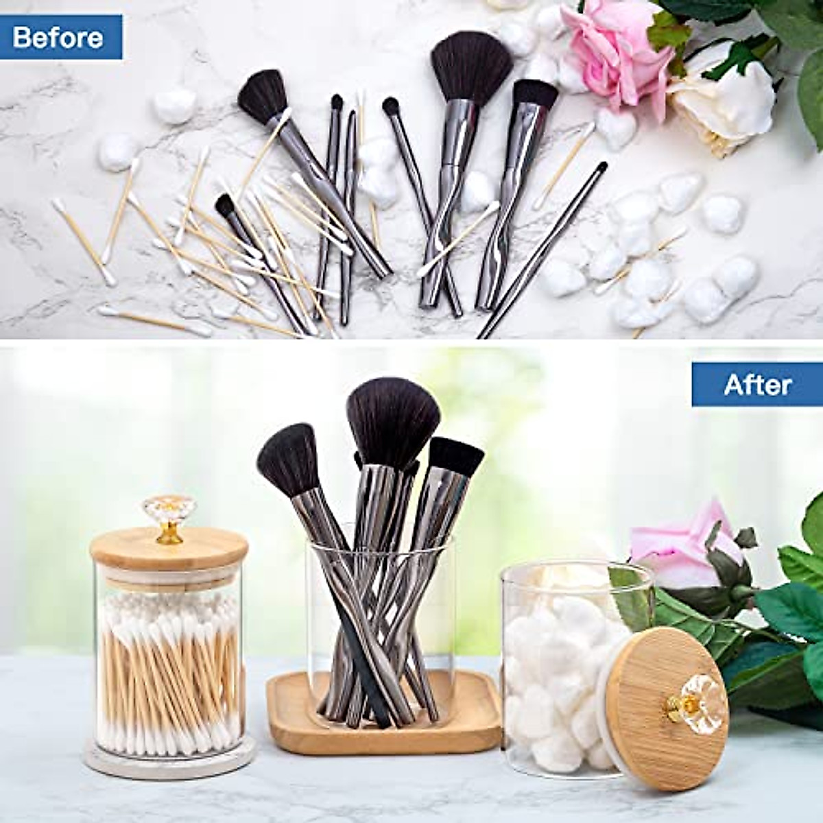 Bathroom Organizer with Bamboo Lids,Apothecary Jars Qtip Holder Storage Canister Clear Glass bathroom jars Cotton Ball Holder for Cotton Rounds,Pads, Floss,Cotton Swab(3 pieces)