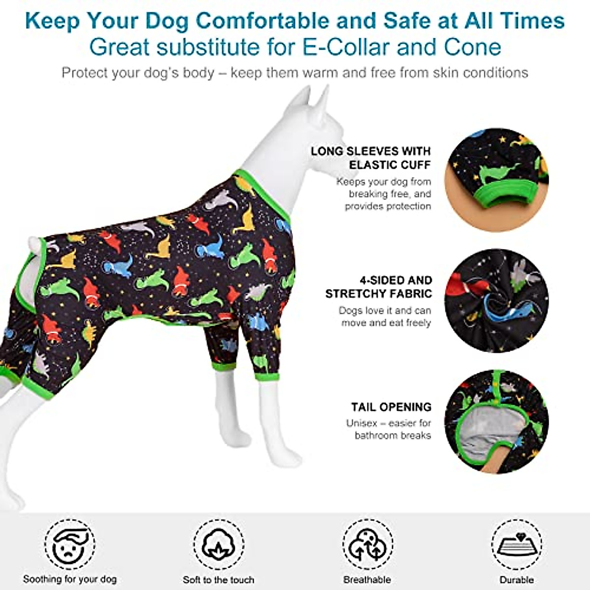 LovinPet Big Dog Wound Care/Surgical Recovery Shirt, Undershirt for Dog Coats, Anti Licking, Pet Anxiety Onesies for Dogs, Dinosaurs in Space Print, Large Breed Dog Clothes, Dog Jammies/XL