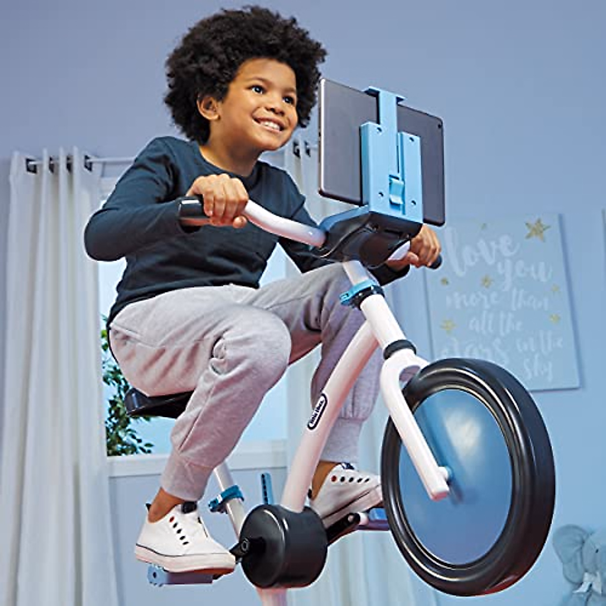 Little Tikes Pelican Explore & Fit Cycle Adjustable Play Fitness Exercise Equipment Stationary Bike with Videos and Built-in Bluetooth Speaker, For Kids Ages 3-7 Years, WHITE, BLUE