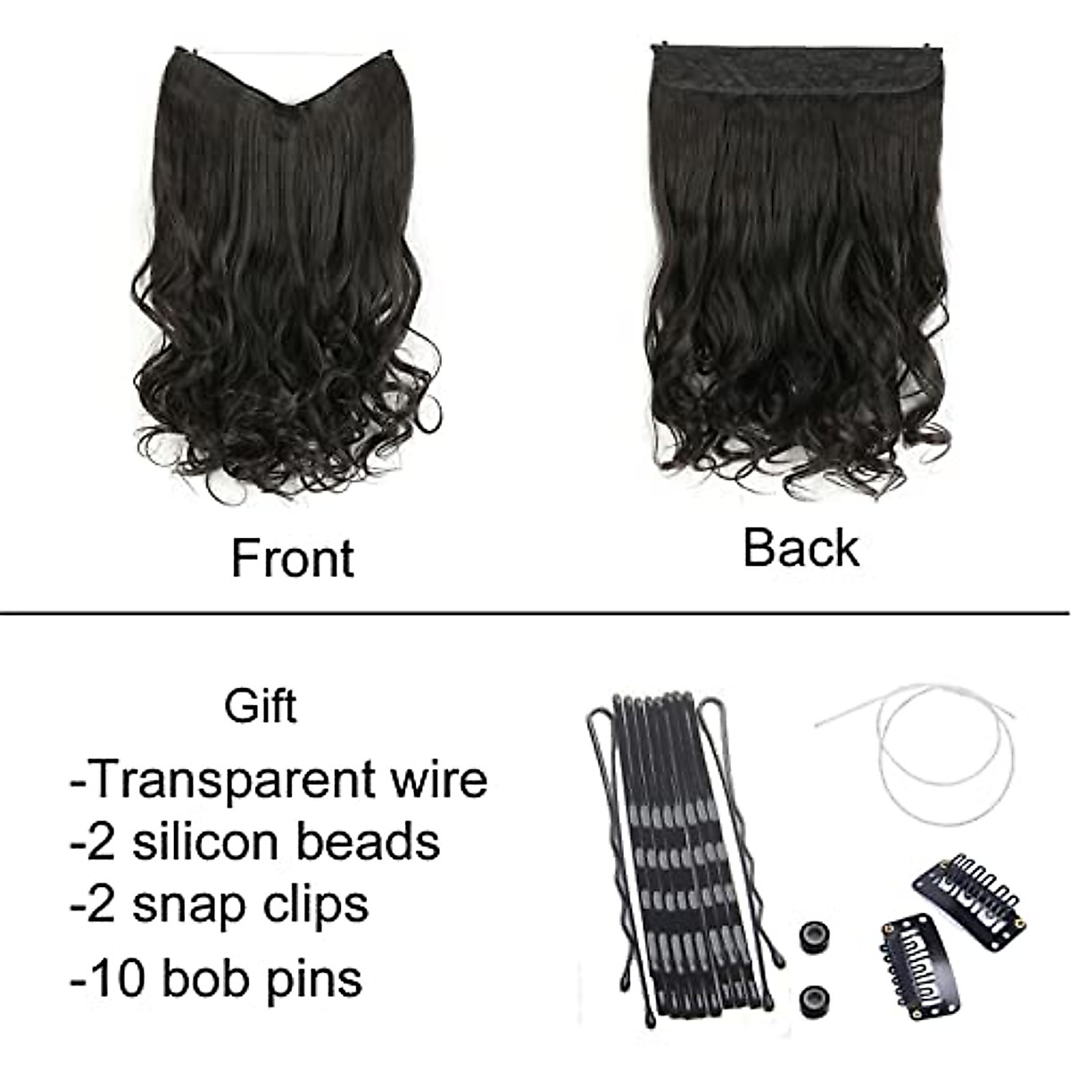 GIRLSHOW Invisible Wire Hair Extensions with Transparent Headband Synthetic 24 Inch 4.9 Oz Wavy Curly Adjustable Size No Clip Long Hairpieces for Women (Natural Black -#113A, 24 Inch)