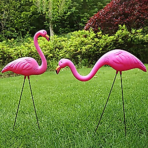 JOYIN Set of 2 Small Pink Flamingo Yard Ornament Stakes Mini Lawn Plastic Flamingo Statue with Metal Legs for Sidewalks, Outdoor Garden Decoration, Luau Party, Beach, Tropical Party Decor, 2 Styles