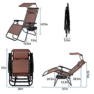 Zero Gravity Chairs Set of 2 Clearance with Sunshade Canopy and Cup Holder Tray Padded Adjustable Antigravity Lounge Folding Chair Patio Lounge Chair for Outdoor, Camping, Patio, Lawn, Brown