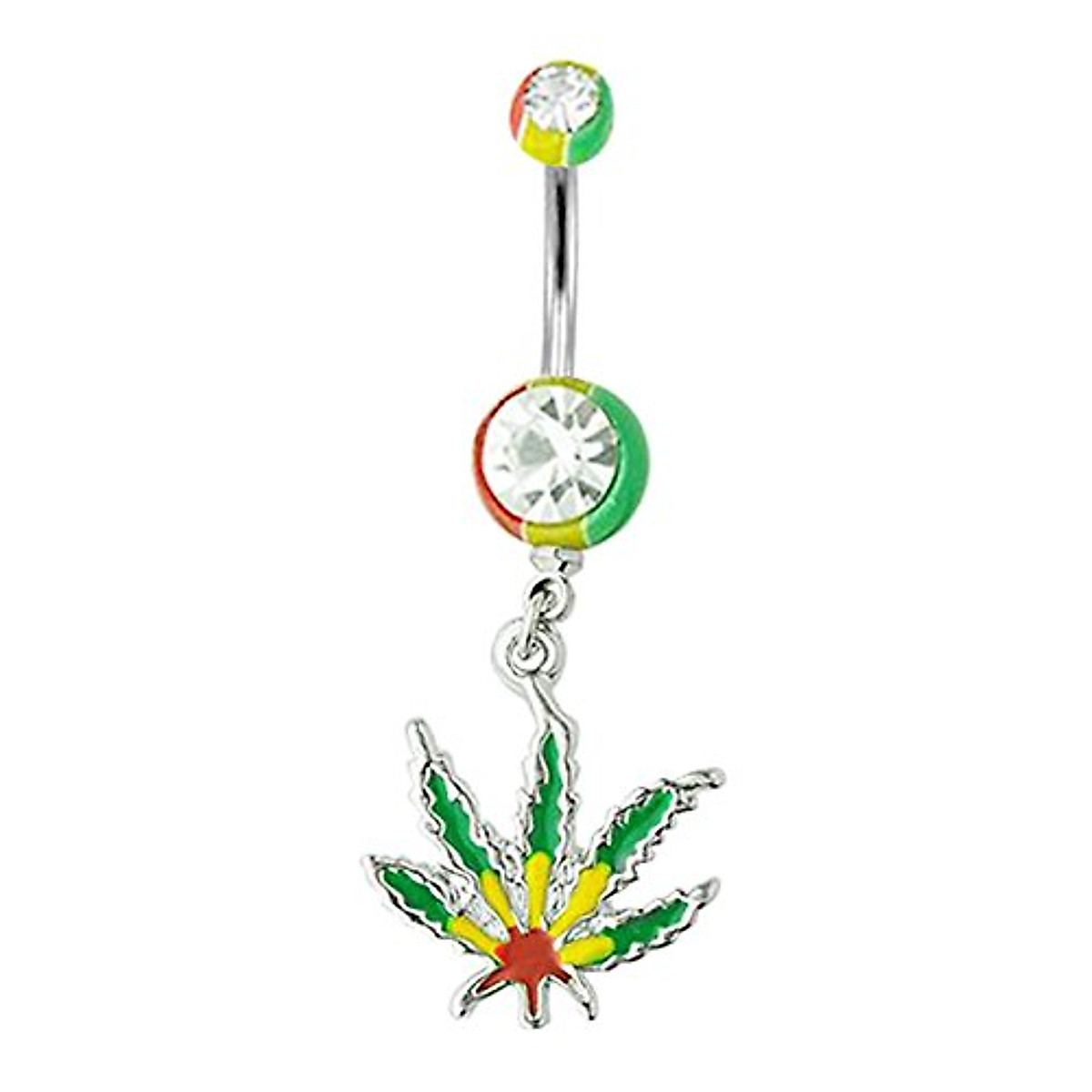 Rasta Color Pot Leaf Cannibus Marijuana Dangle Belly Button Navel Ring Piercing bar Body Jewelry 14g