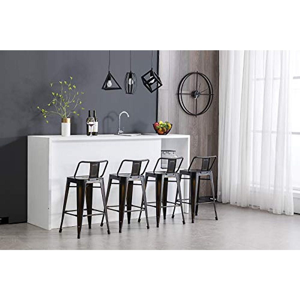 HAOBO Home Modern Industrial Metal Barstools Distressed Bar Stools Counter Height Stools [Set of 4] (24" Low Back Distressed Golden)