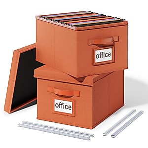 Huolewa Upgraded File Organizer Boxes Set of 2, File Boxes with Lids, Linen Hanging File Organizer Boxes for Document Letter/Legal File Folder Storage, Small Filing Boxes Cabinets for Office/Home