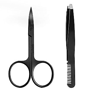 Eyebrow Scissors with Comb Tweezer, Multi-Purpose Stainless Steel Curved Small Eyelash Scissors Tweezer Comb for Women Eyebrow Eyelash Facial Gromming (Black)