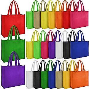 24 Pack Reusable Gift Bag with Handles Multi Color Grocery Bags Large Foldable Shopping Tote Bags Strong Fabric Cloth Washable Grocery Tote Bags for Gifts Birthdays Party Grocery Shopping Stores