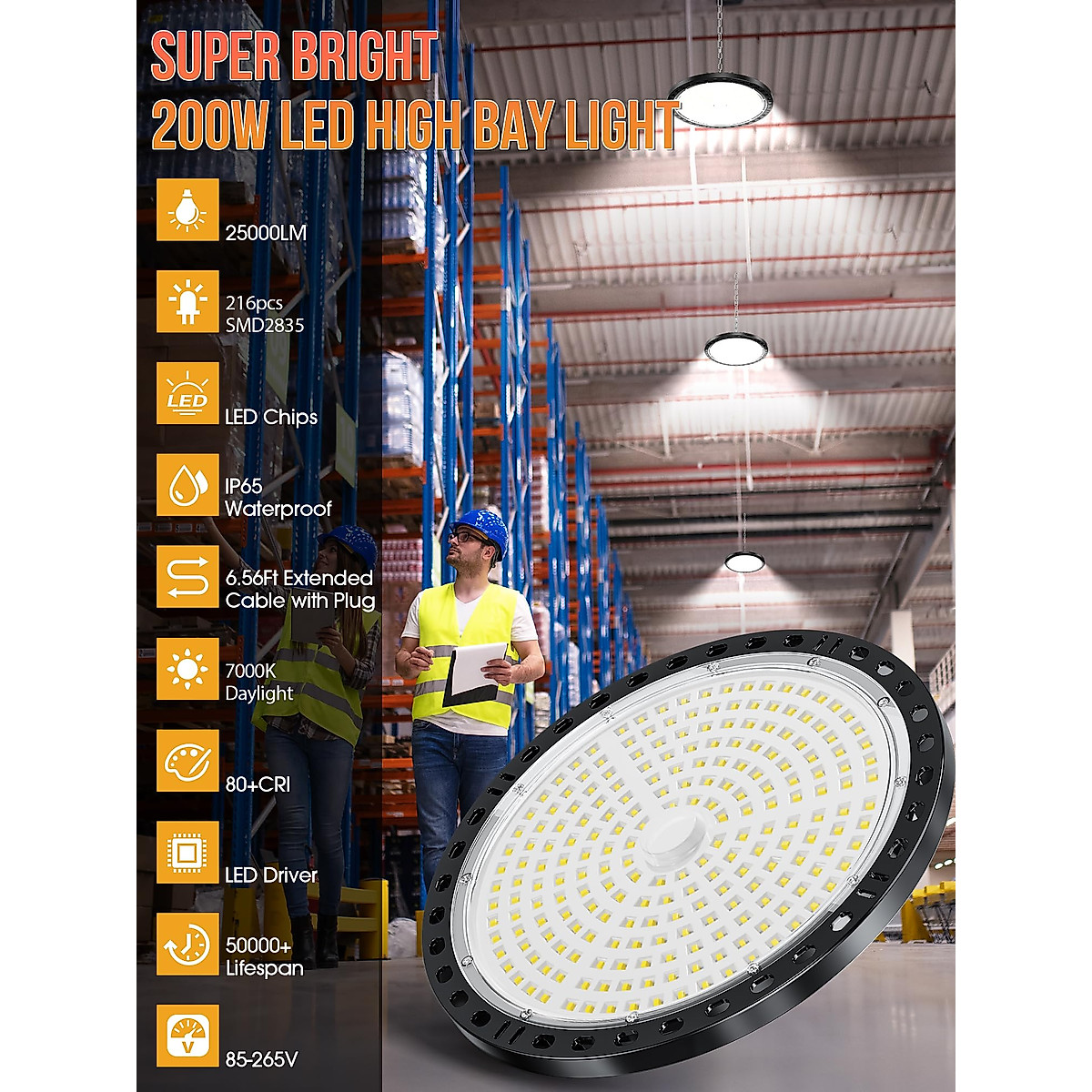 UFO LED High Bay Light - 10 Pack 200W 28000LM High Bay LED Light with US Plug 6.56FT Cable and LED Transformer, 7000k Daylight LED Shop Lights for Workshop for Garage, Factory, Workshop, Barn, Shop