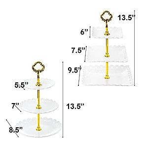 Jucoan 4 Pack 3-Tier Cupcake Stand, Plastic Tiered Serving Tray, White Embossed Dessert Display Tower for Wedding, Birthday Baby Shower, 2 Round, 2 Square