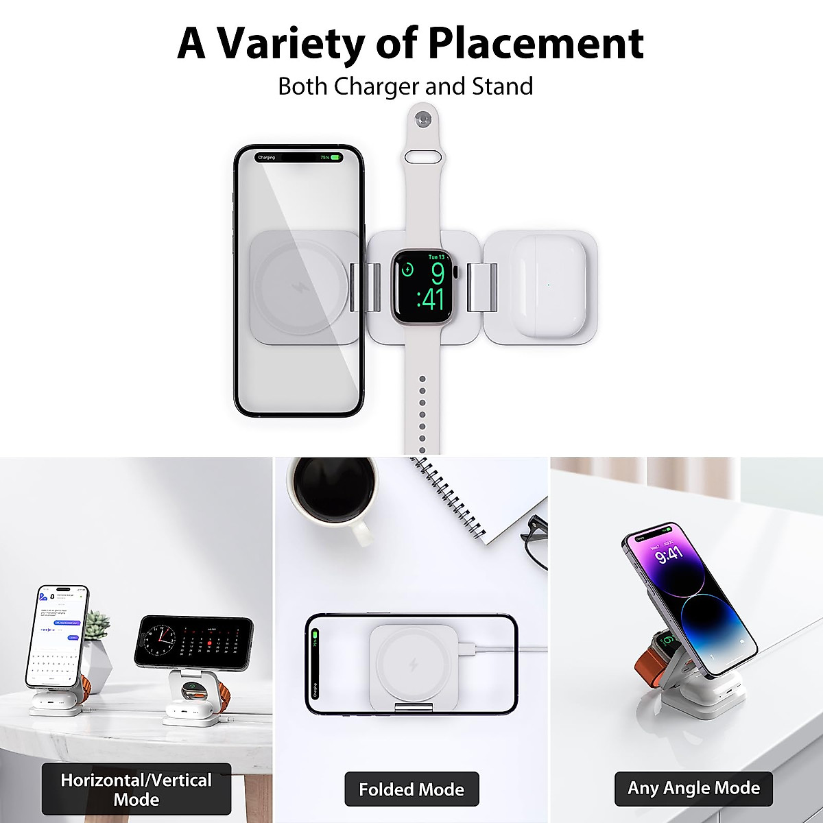 KU XIU Fast Wireless Charger, Magnetic Foldable 3 in 1 Charging Station for iPhone 16/15/14/13/12/Pro/Plus/Pro Max, 5W Portable Charger for Apple Watch9/8/7/6/5/4/3/SE, for Airpods3/2/Pro-White