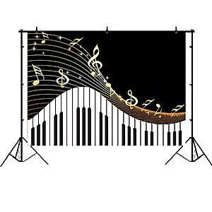 Piano Theme Backdrop for Photography Golden Musical Notes and Piano Keyboard Background for Kids Birthday Party Art Studio Photo Banner Props 7x5ft