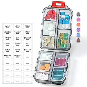 1 Pack Travel Pill Organizer w Labels & 1 Drawstring Pouch, Small 10 Compartments Pocket Pharmacy, Handy Pill Holder Box - Portable Medicine Container Case - Daily Weekly Medication Organizer - Grey