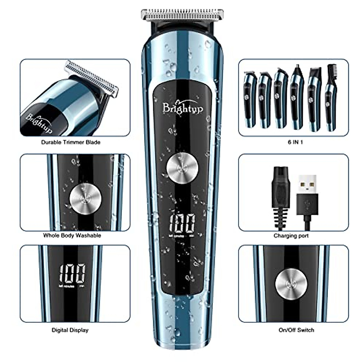 Brightup Beard Trimmer for Men, Beard Grooming Kit for Men, IPX7 Waterproof Hair Clippers Hair Trimmer for Mustache, Body, Facial, Nose Hair Cutting, Electric Razor for Men, Gifts for Men, FK-8788T