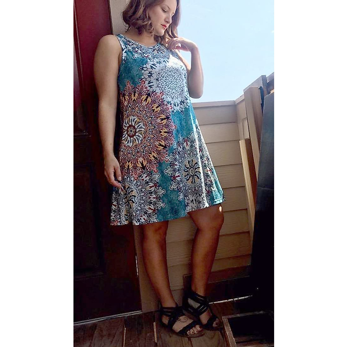 Boho Tshirt Dresses for Women Beach Casual Sleeveless Floral Shift Pockets Swing Loose (L,Bohemian Light Blue)