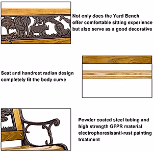 Ckofgdsue Garden Bench for Kids Park Chair with Cast Iron Handrail & Wood Lath Lion Giraffe Elephant Carved Little Patio Bench Outdoor for Yard Porch