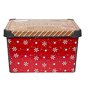 Simplify Santa’s Elves and Snowflake Design Storage Bin | Christmas Tote | Holiday Décor Decorations Organizer | Lidded | Stackable | Red