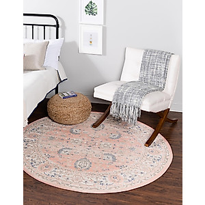 Unique Loom Whitney Collection Traditional Border Powder Pink Round Rug (3' 3 x 3' 3)