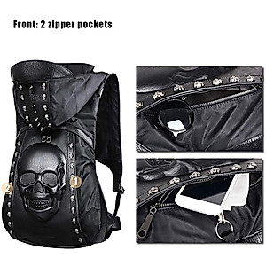 Chikencall Skull Backpack Hooded Skull Gothic Rucksack Rivet Studded Zipper Shoulder Purse Black Punk Metal 3D Stereo Daypack