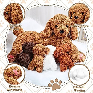 Honoson Nurturing Dog Stuffed Animal with Puppies, Mommy Dog with 4 Baby Puppy Soft Cute Stuffed Plush Dog Puppy for Kids Birthday Gifts Party Favors (Curly Dog)