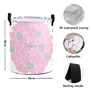 Large Storage Pink Love Heart Personalized Tall Collapsible Laundry Basket with Name Foldable Hamper for Dirty Cloth Toys
