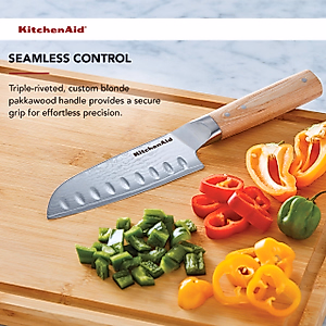 KitchenAid Premium 5-Inch Forged Santoku Knife - AUS-10 Damascus Steel Blade, Triple Rivet Pakkawood Handle, Sharp Kitchen Knife, Natural