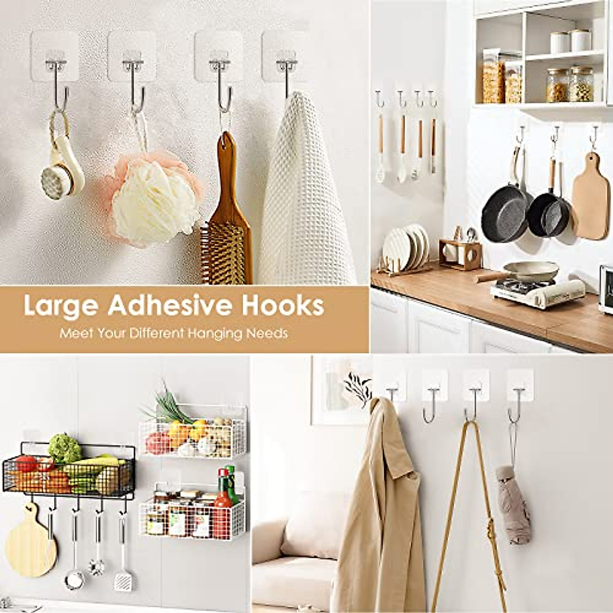 MUSICATE Large Adhesive Hooks, Transparent Self Adhesive Wall Hooks Heavy Duty 22 LB Waterproof Sticky Hooks Reusable Seamless Hooks Utility Hooks for Bathroom Kitchen Ceiling Office 10 Packs