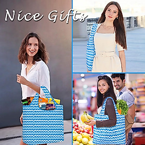 Vuudh 6 Packs Reusable Grocery Bags - Machine Washable Grocery Tote with Pouch, Foldable Shopping Tote Bag Nylon (Blue Waves)