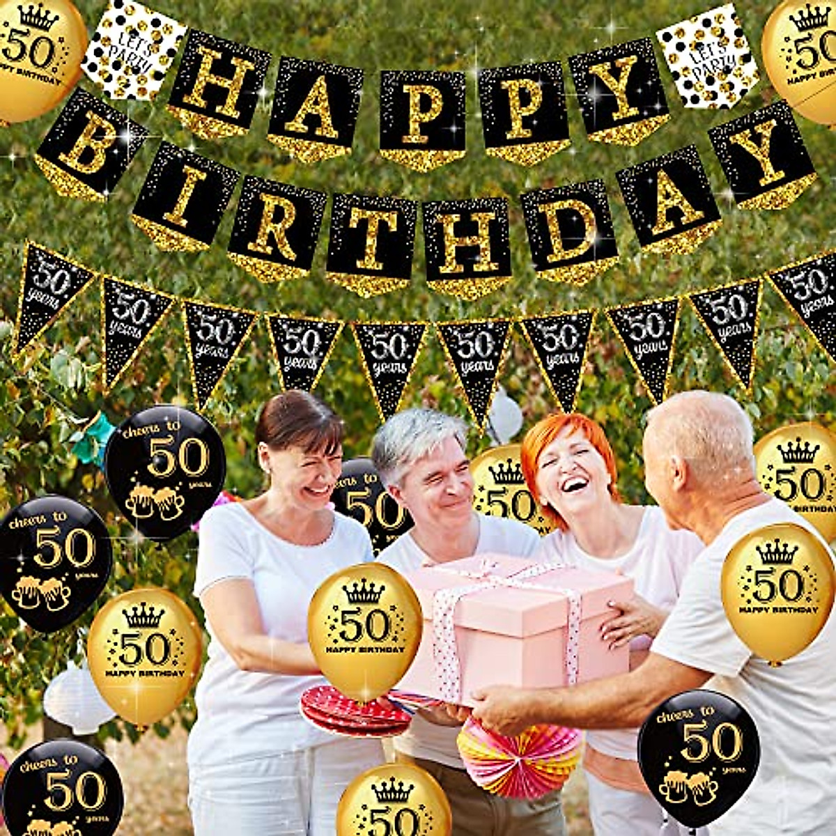 50th birthday decorations for men women - (76pack) black gold party Banner, Pennant, Hanging Swirl, birthday balloons, Tablecloths, cupcake Topper, Crown, plates, Photo Props, Sash for gifts