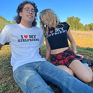 Y2k Baby Tees for Women Cute Short Sleeve Crop Top Vintage Graphic Print Aesthetic Slim Fitted Cropped Going Out Shirt Fairy Grunge Teen Girls i Heart bf gf Clothes (Black I Love My Boyfriend, M)