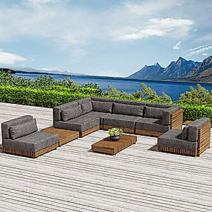 JiuZhuo 9 Pieces Outdoor Patio Furniture Sectional Conversation Set Modern L Shape Teak Outdoor Sectional Sofa Set with Wood Coffee Table in Gray(6-Pieces Sofa and 3-Pieces Table)