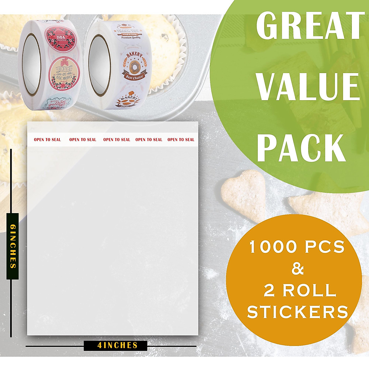 1000 Count 4×6 Resealable Cellophane Bags Self Adhesive, Clear Bag with Thank You Stickers for Cookie, Gifts, Favors, Cards, Candy and Products