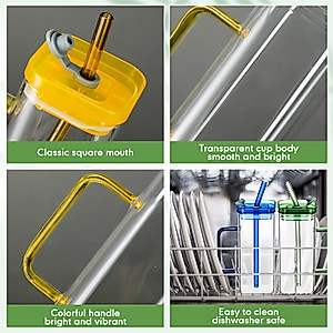 Rtteri 6 Sets Square Glass Cups with Lids and Straws Coffee Cups with Handle Drinking Glasses Wide Mouth Multi Colored Glass Tumbler with Handle for Home Employee Coworkers (13 oz, Small)