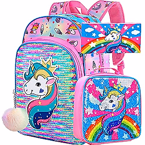 gxtvo 3PCS Unicorn Backpack for Girls, 16" Sequin Prechool Elementary Bookbag and Lunch Box
