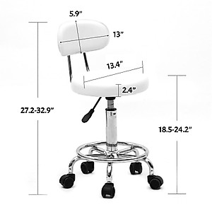 Henf Adjustable Rolling Stool Chair, Multi-Purpose Salon Massage Stool with Wheels and Small Back for Medical Salon Artist Tattoo Facial Manicure Dentist Clinic, White