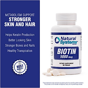Biotin 60 Tablets 5000 mcg by Natural Systems | Biotin Hair Growth Support Pills | Hair Skin Nails Vitamins for Men and Women | Biotin Supplement Improves Cell Growth