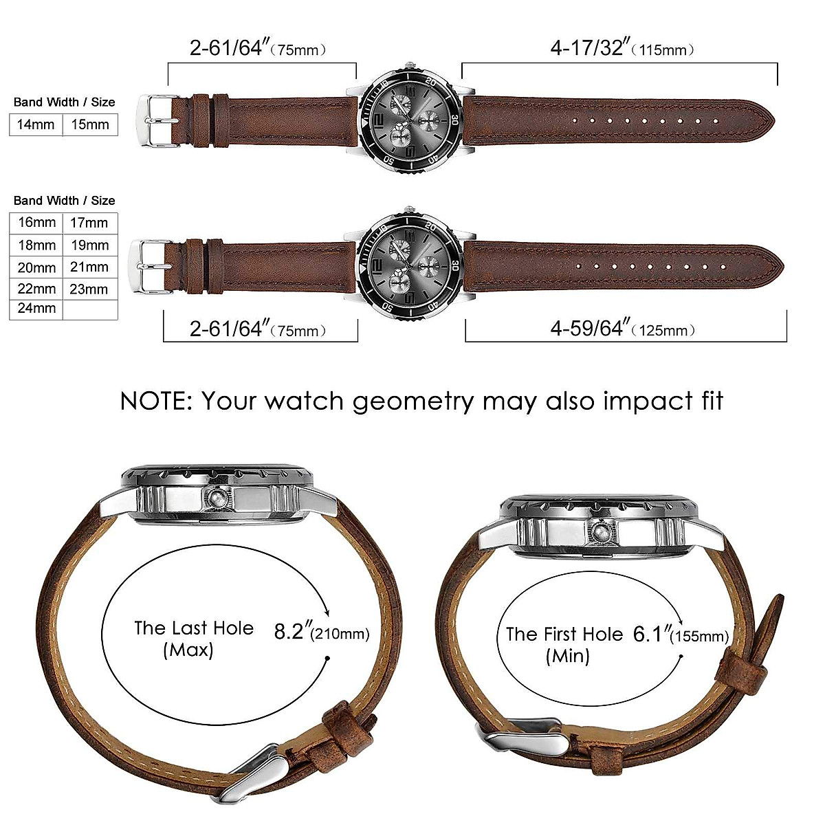 BISONSTRAP Watch Strap 18mm, Vintage Leather Replacement Watch Band, Brown