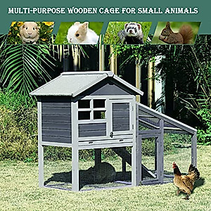 HAPPAWS Rabbit Hutch Cage w/Hay Feeder, 58 Inch Bunny Cage Condo Wooden Quail Chicken Coop, Indoor Outdoor Hen Pet House w/Removable Tray, Ramp, Waterproof Roof, Lockable Doors for Small Animals