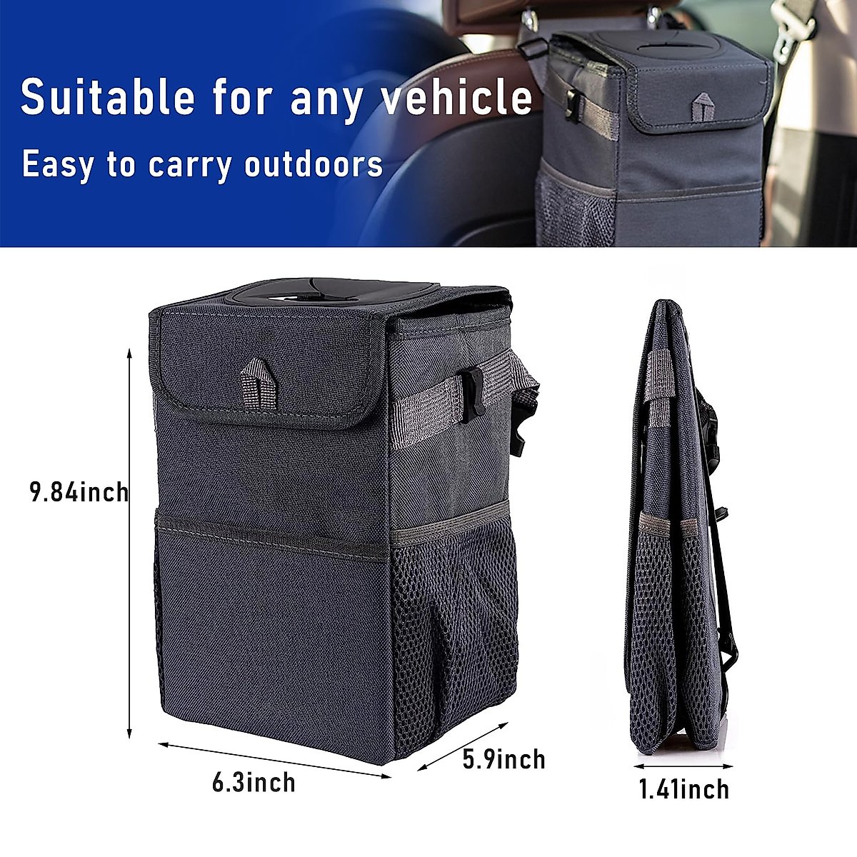 Kewucn Car Trash Can with Lid, Waterproof Mini Auto Garbage Can, Leak-Proof Vehicle Organizer and Storage Pockets, Hanging Collapsible Trash Bin, Universal Accessories for Most Cars (Gray)
