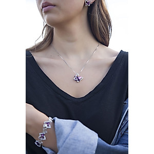 GEMMANCE Butterfly Link Charm Bracelet with Amethyst Pink Birthstone Crystal for February, Silver-Tone, 18”+2”Chain