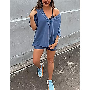 Ailoqing 2 Piece Outfits for Women Summer Oversized V Neck T Shirt Biker Short Sets Hot Shot Reversible Set(Blue-M)