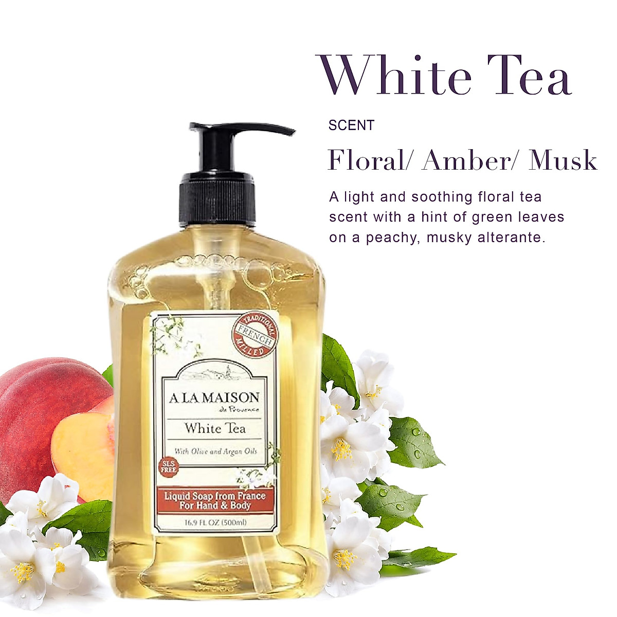 A LA MAISON French Liquid Hand Soap, White Tea - Natural Hand Wash Made with Essential Oils - Biodegradable, Plant-Based, Vegan, Cruelty-Free, Alcohol & Paraben Free (16.9 oz, 3 Pack)