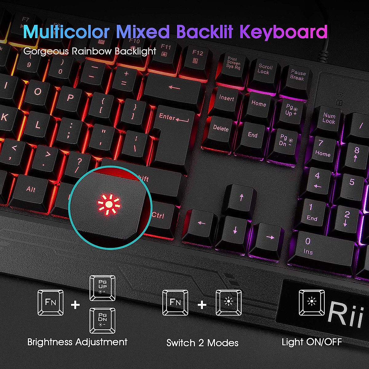 Rii RK400 RGB Gaming Keyboard and Mouse Combo ,Wired Mechanical Feel 3-LED Backlit Keyboard,104 Keys USB Ergonomic Wrist Rest Keyboard,6 Button RGB Mouse for Windows Gamer Desktop, Computer (Black)